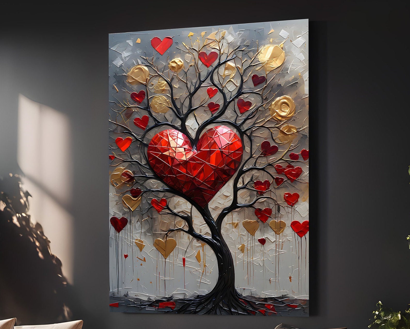 Large Abstract Heart Tree Wall Art With Gold Accents for Modern Home ...