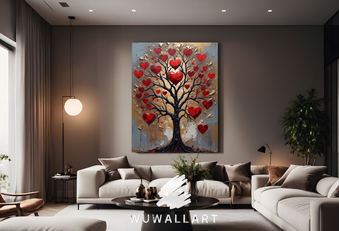 Extra Large Abstract Tree With Gold and Red Hearts Wall Art for Home ...