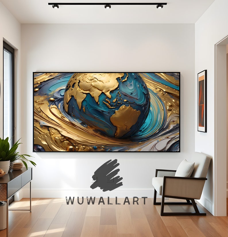 Gold and Teal Earth Abstract Art, World Map Digital Download, Textured ...