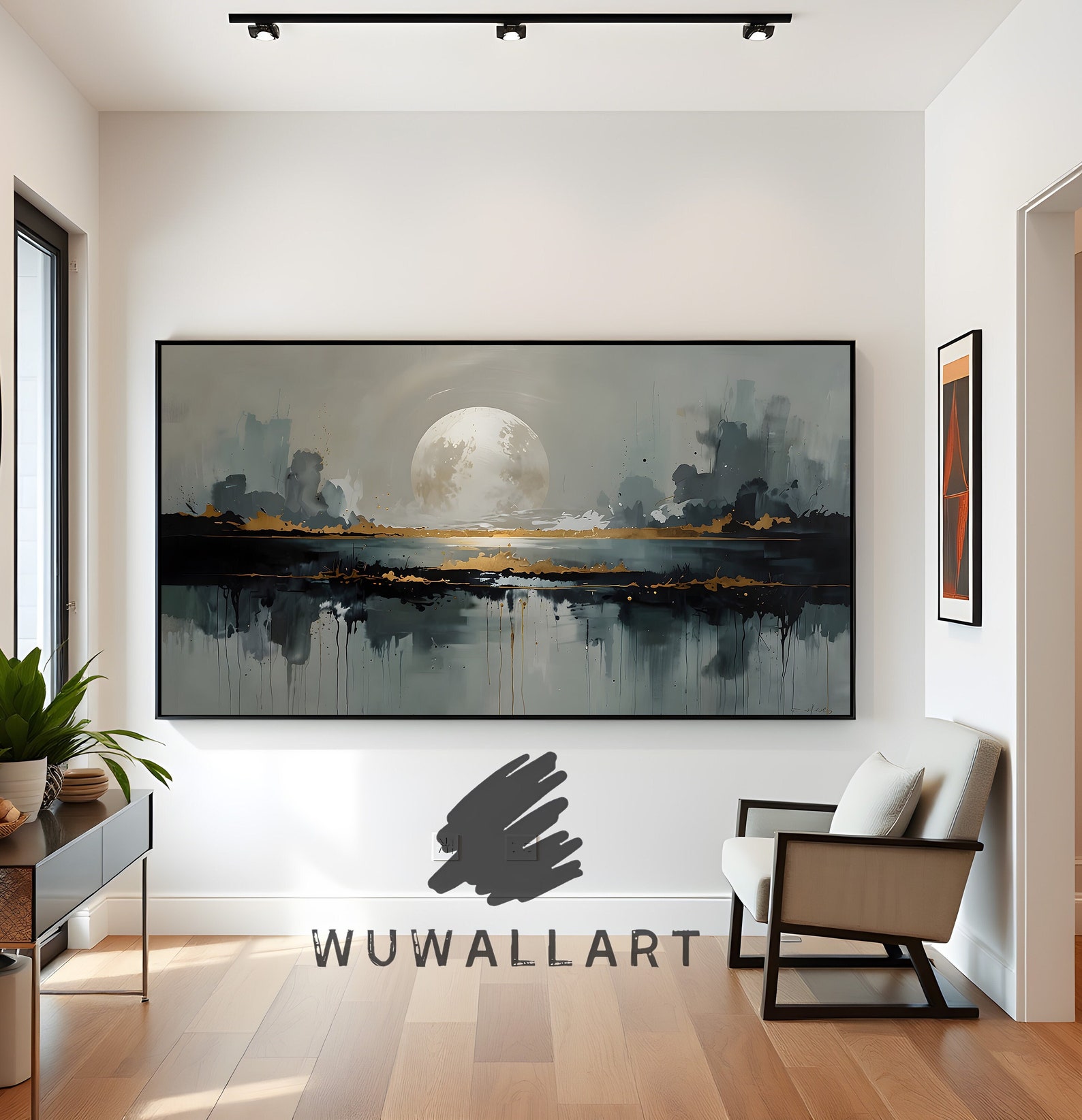 Moonlit Landscape Abstract Art - Digital Download, Modern Gold and Gray ...