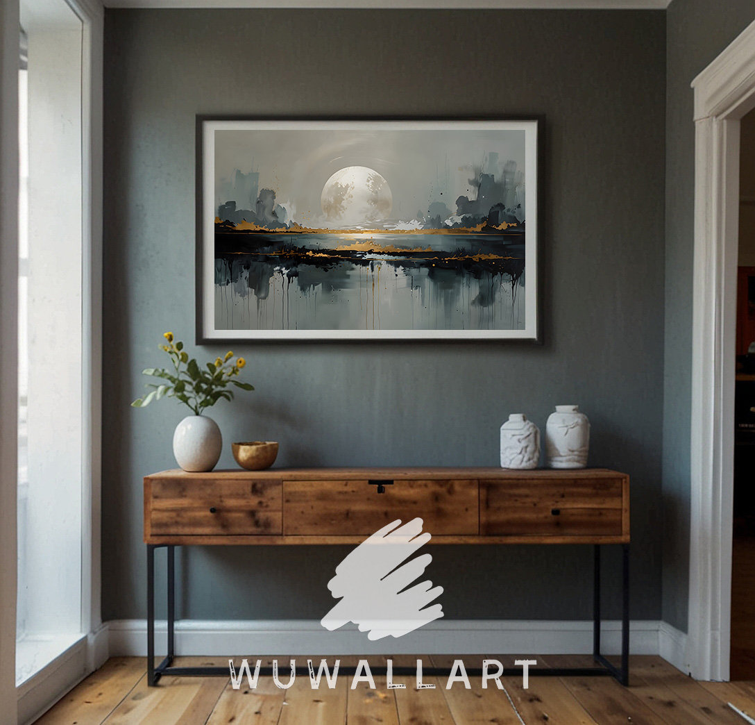 Moonlit Landscape Abstract Art - Digital Download, Modern Gold and Gray ...