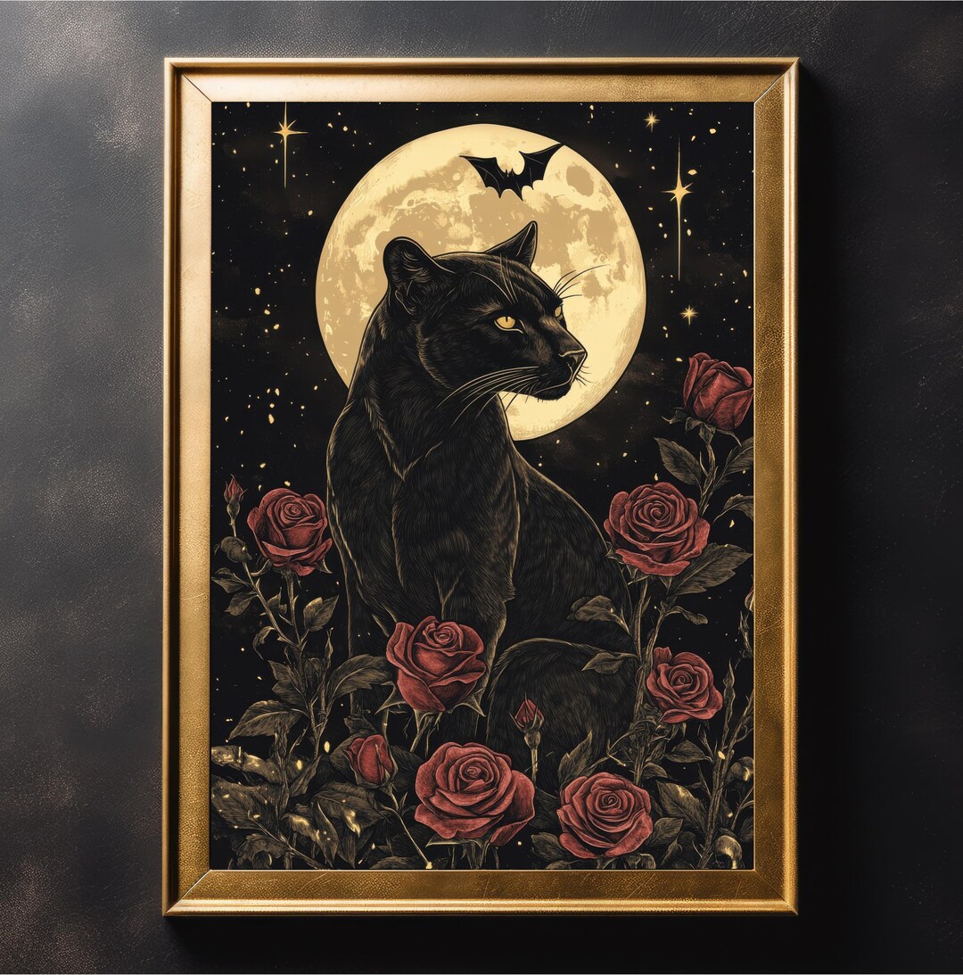 Black Panther Roses Gothic Vintage Wall Art Print - Home Decor, Vintage ...
