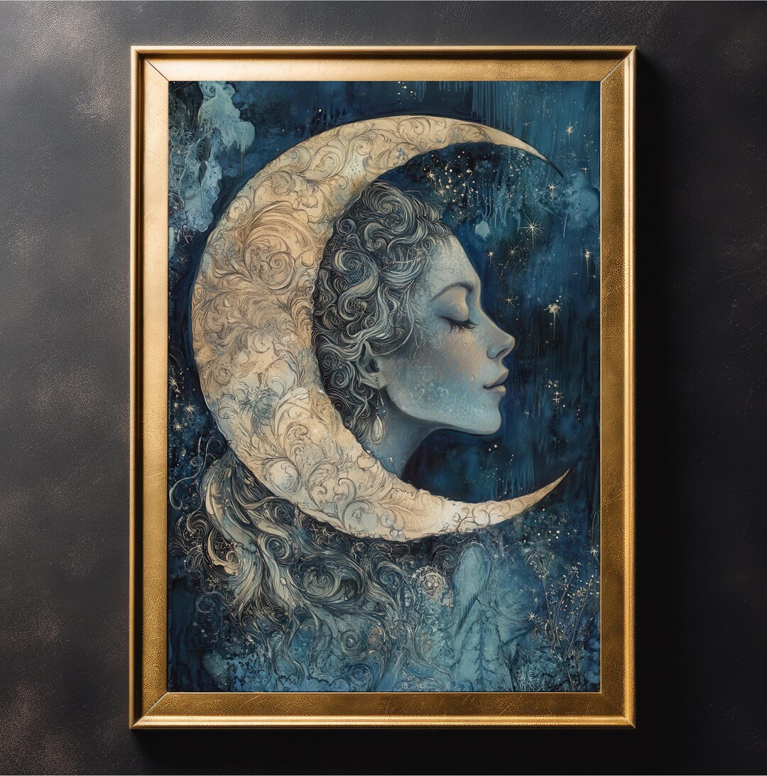 Lady and Moon Art Print: Gothic Dark Academia Celestial Home Decor - Etsy