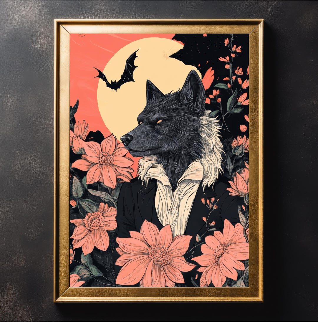 Werewolf Flowers Illustration Vintage Wall Art Print - Gothic Home ...