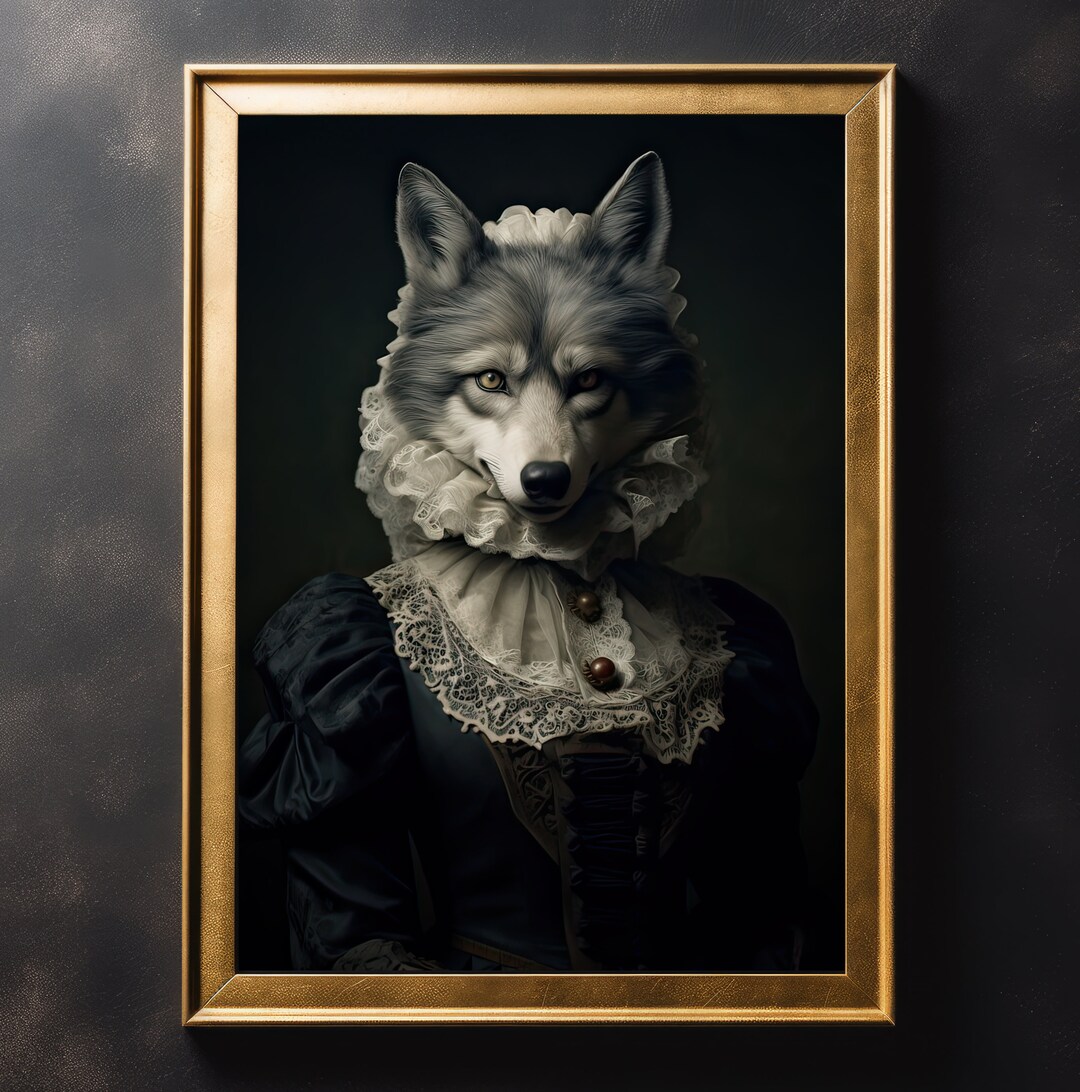 Victorian Female Grey Wolf in Dress Vintage Wall Art Print - Home Decor ...