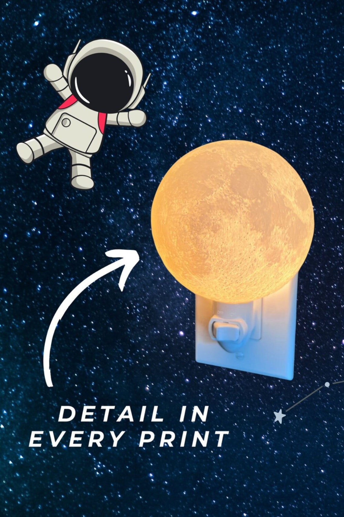 Moon Lithophane Night Light 3D Printed, Wall Plug-in, Ideal for Boy's ...