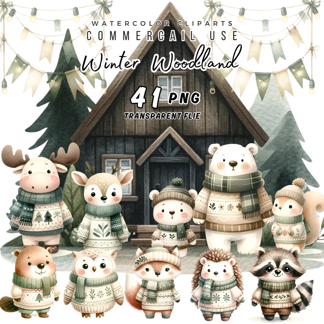 Winter Woodland Animal Clipart, Watercolor Forest, Christmas Graphics ...