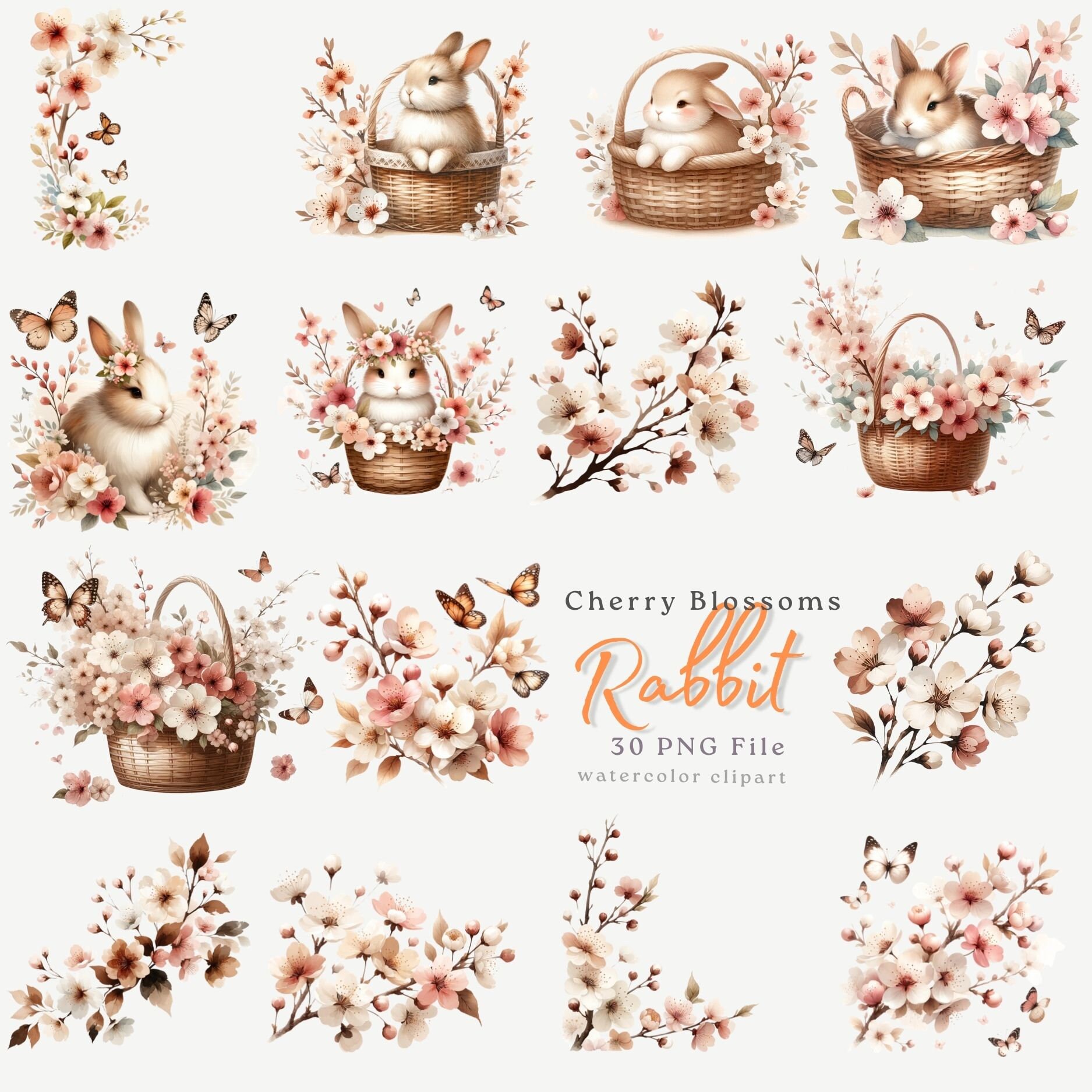Cute Bunny Floral Bunnies Clipart, Instant Download, Cherry Blossom ...