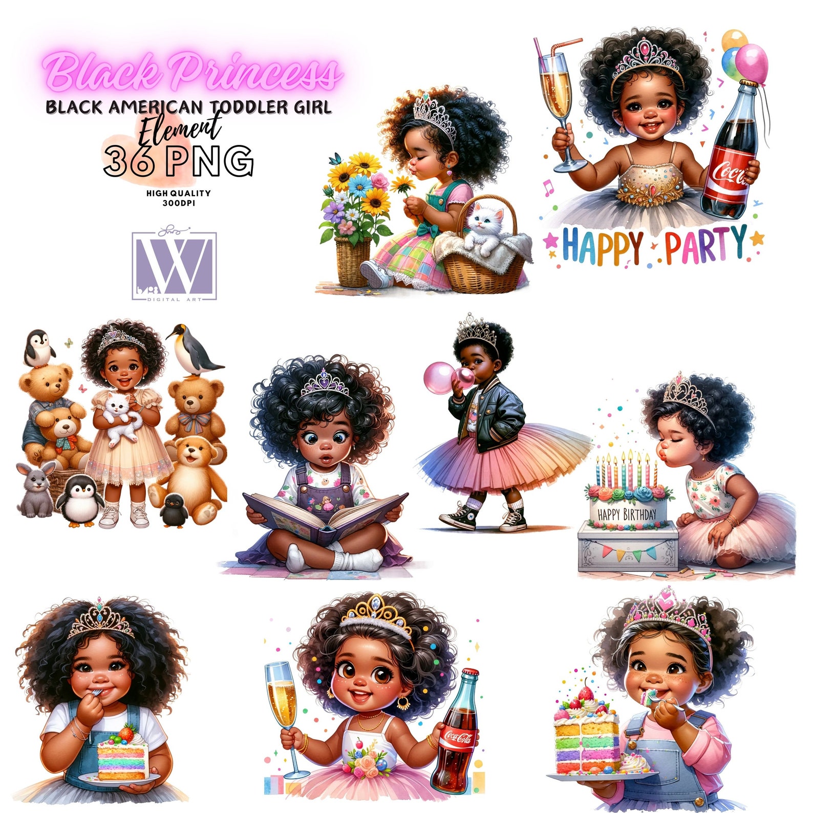 Black Princess Clipart: African American Girl, Watercolor PNG ...
