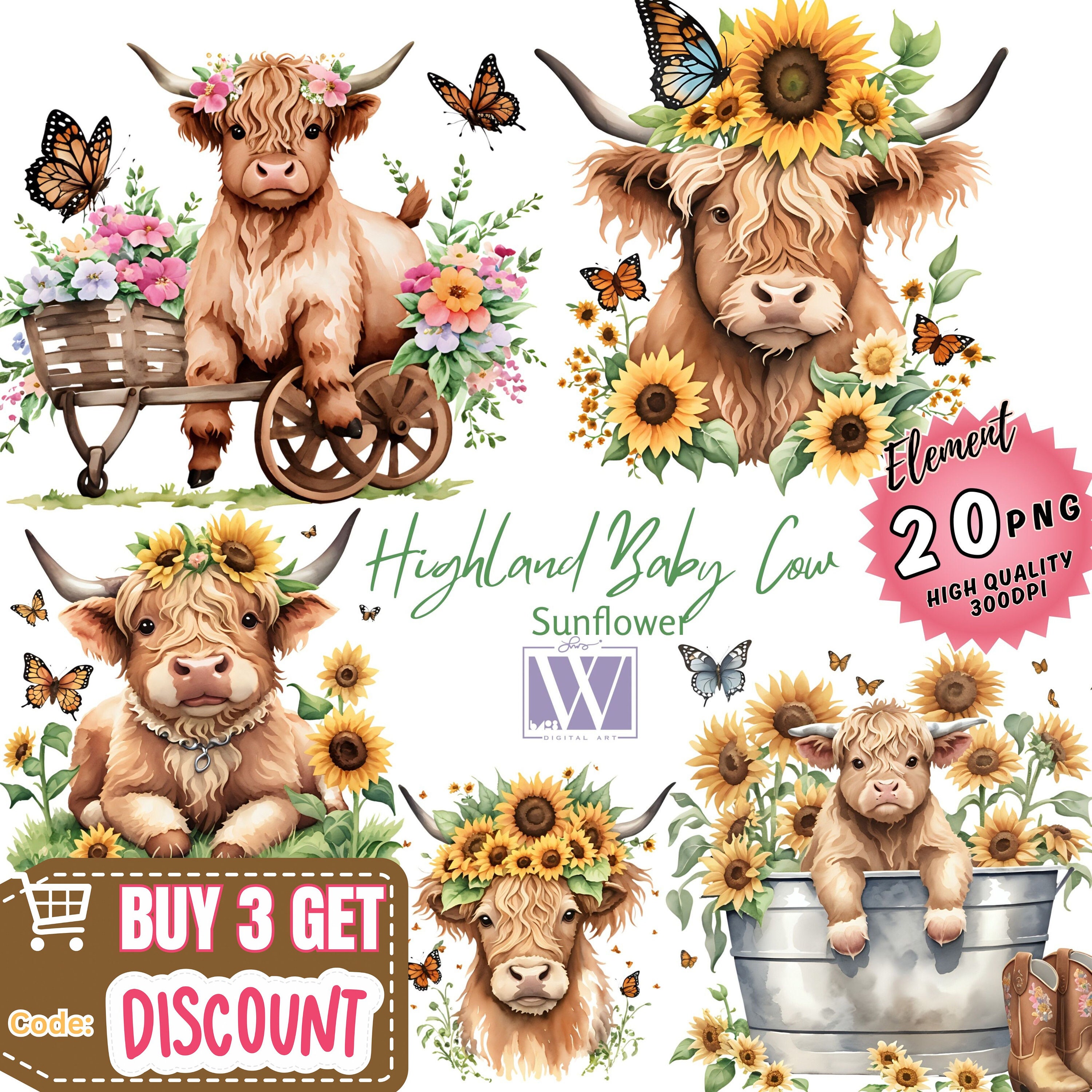 Highland Baby Cow Watercolor Clipart, Cow PNG Bundle, Highland Cow ...