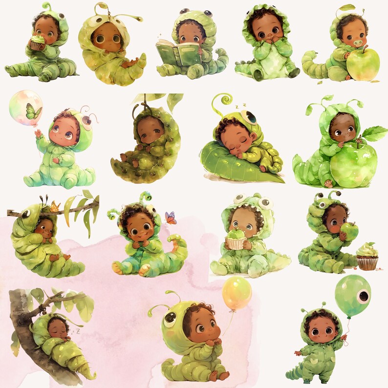 Cute Little Worm Clipart Bundle, Chibi Baby Worm Clipart, Spring Png ...
