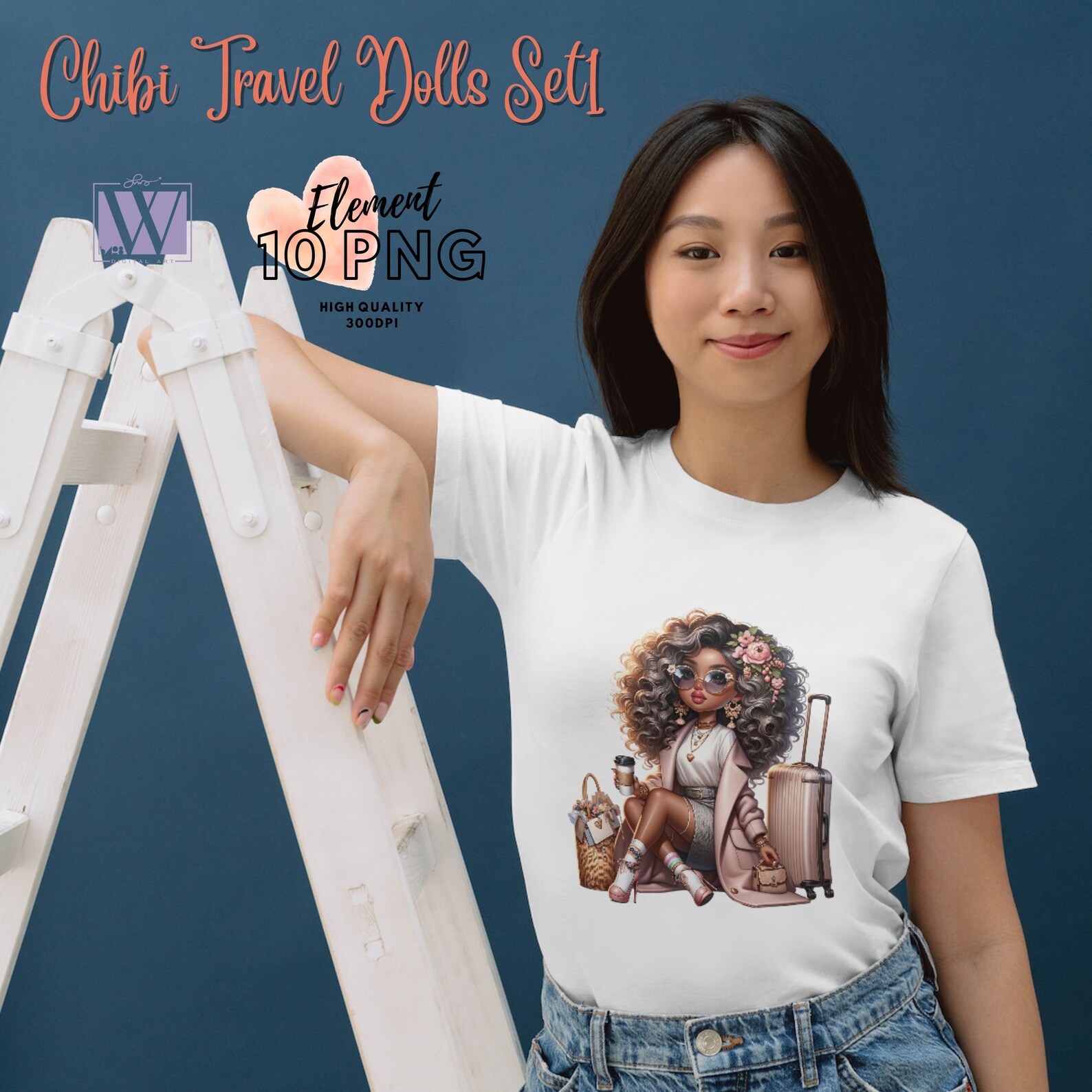 Boho Travel Girl Clipart: Chibi American Dolls, Watercolor PNG Bundle ...