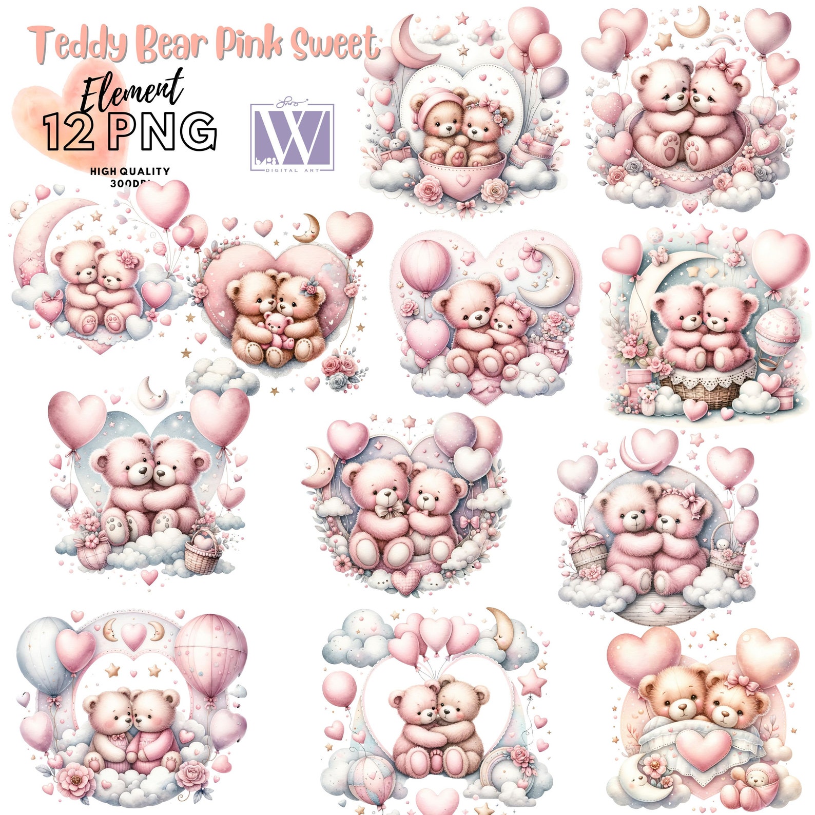 Cute Teddy Bear Pink Valentine Clip Art, Teddy Couple Digital Art ...