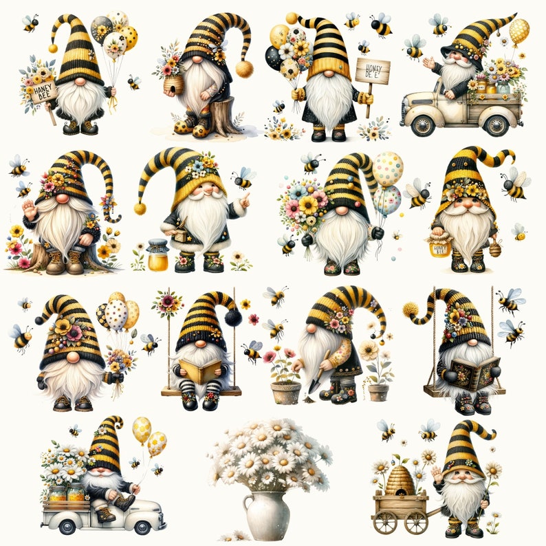 Cute Bee Gnome Daisy Clipart,bumble Bee Png, Honey Gnome, Sublimation ...