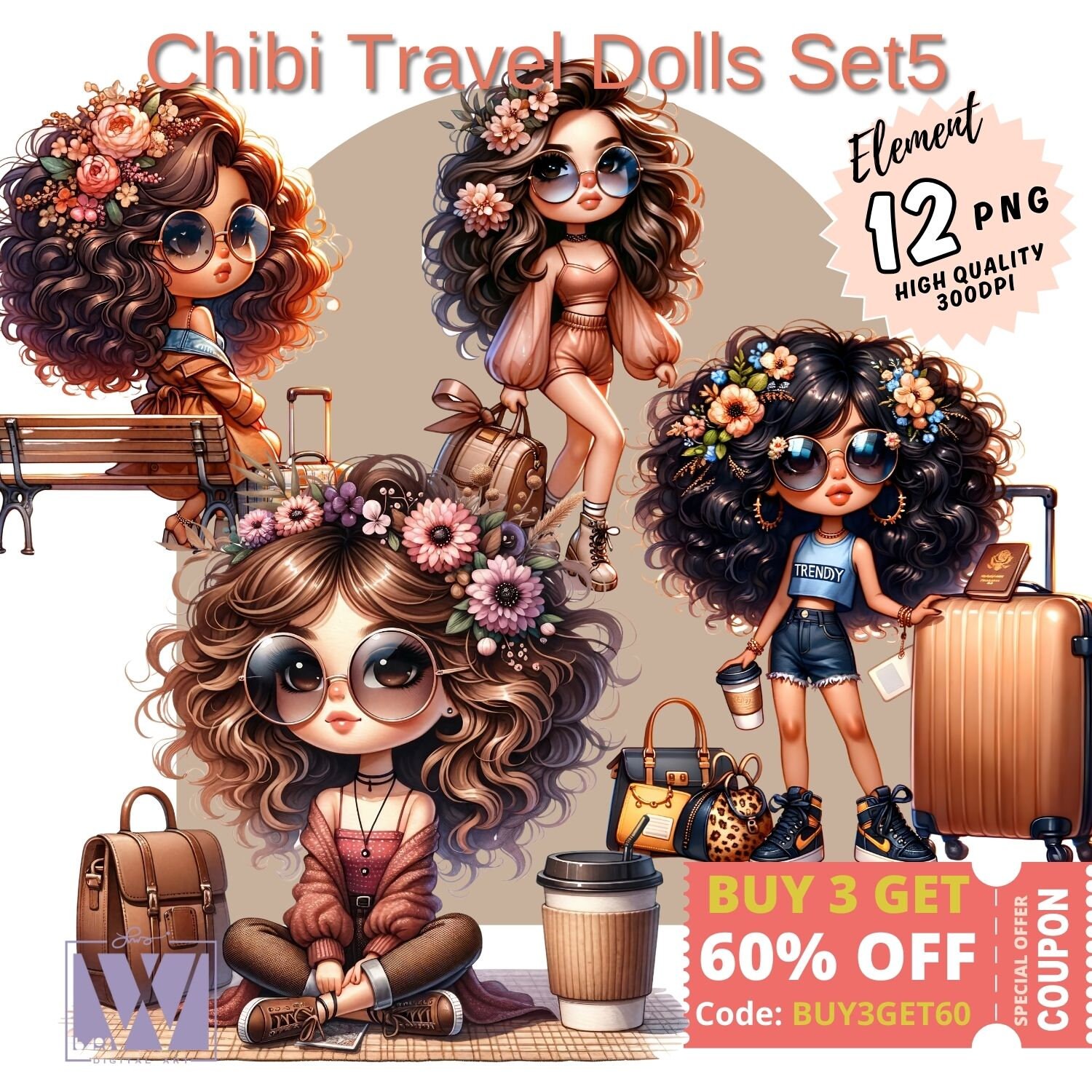 Boho Travel Girl Clipart: Chibi American Dolls, Transparent PNG ...