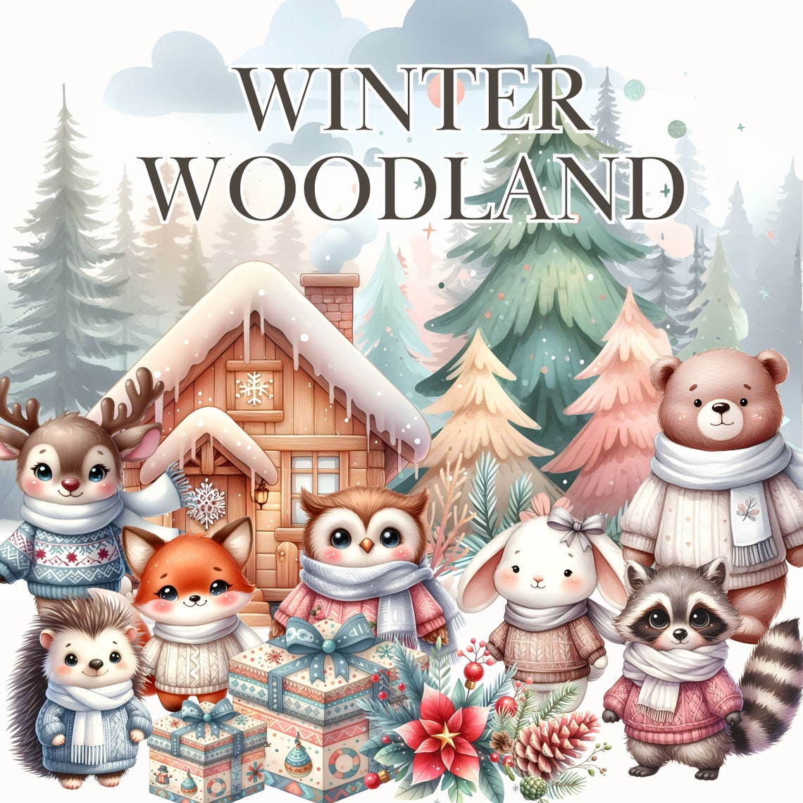 Cute Woodland Animal Clipart, Forest Animals, Winter Clipart, Digital ...