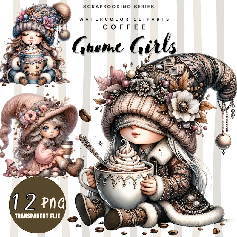 Gnome Girls Coffee Clipart Bundle: Spring PNG Graphics (commercial Use ...