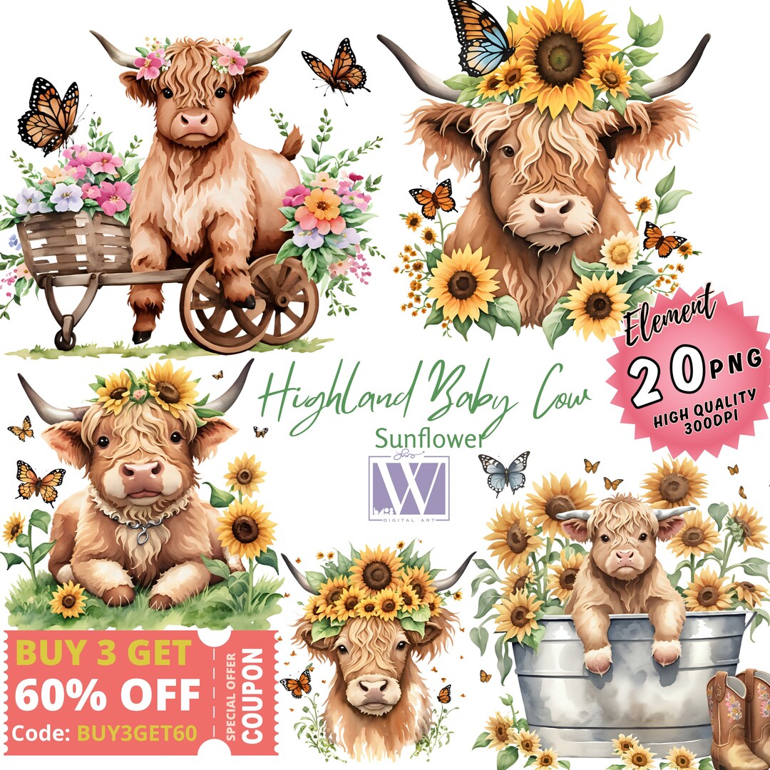 Highland Baby Cow Watercolor Clipart, Cow PNG Bundle, Highland Cow ...