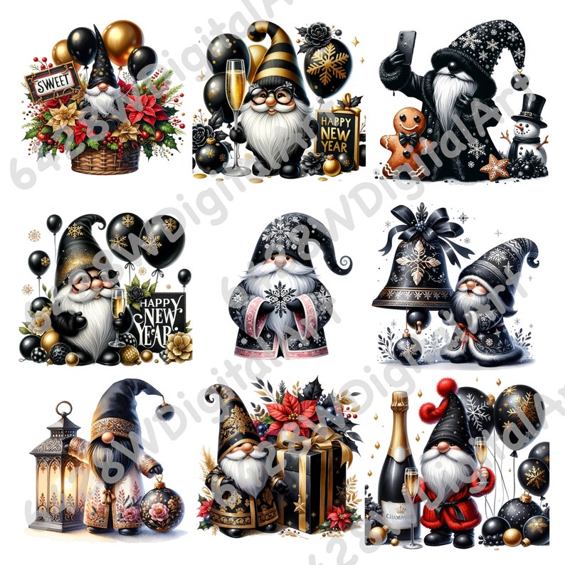New Years Black Gnomes Watercolor Clipart, PNG Festive Gnomes Clipart ...