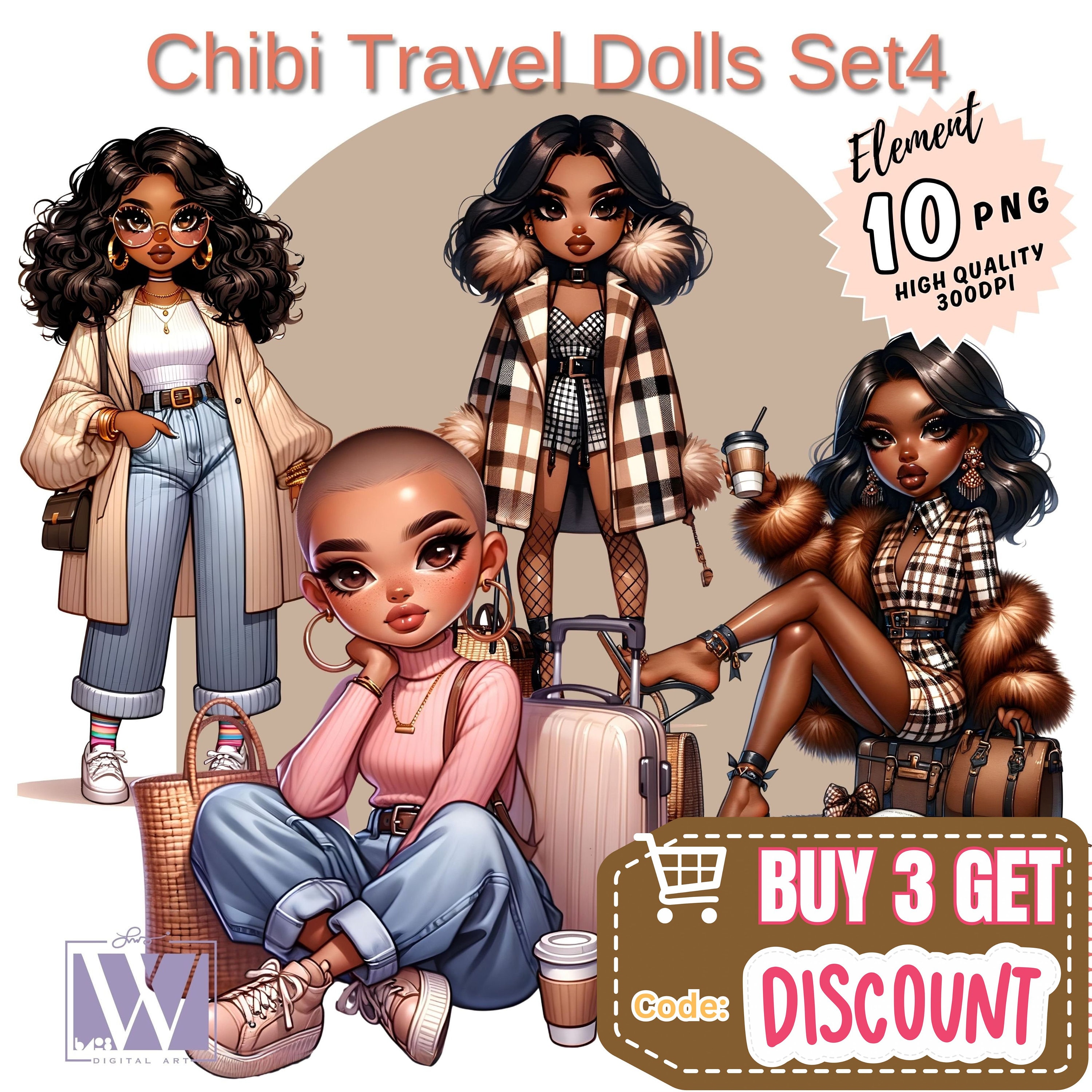 Chibi Travel Dolls Art: Fashion Girl PNG Clipart Bundle - Etsy