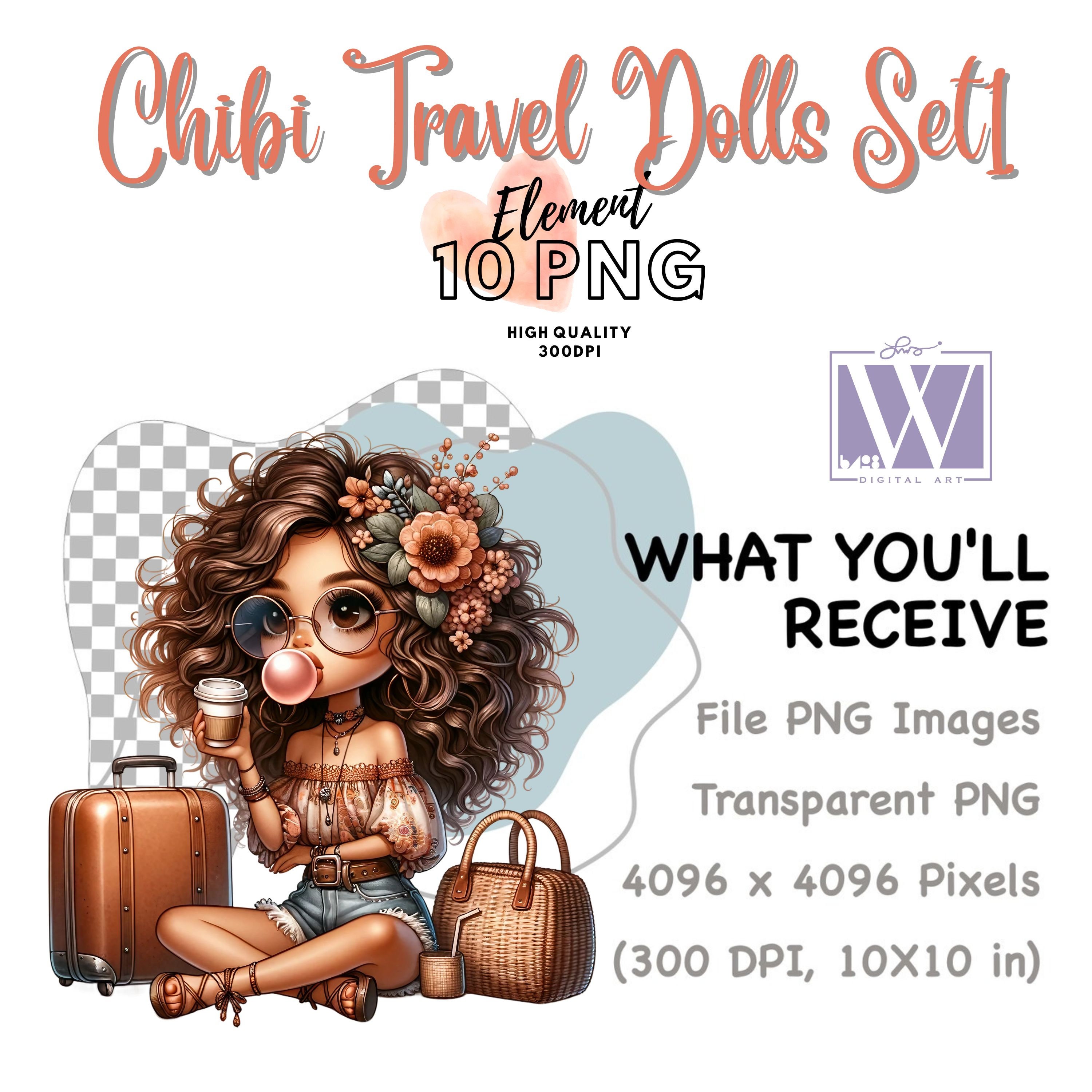 American Chibi Travel Dolls Art, Travel Girl Boho Digital Art, Bundle ...