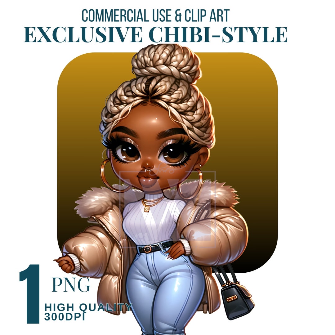 African American Chibi Woman PNG: Boho Travel Girl Clipart (digital ...