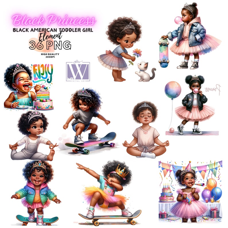 Black Princess Clipart: African American Girl, Watercolor PNG ...