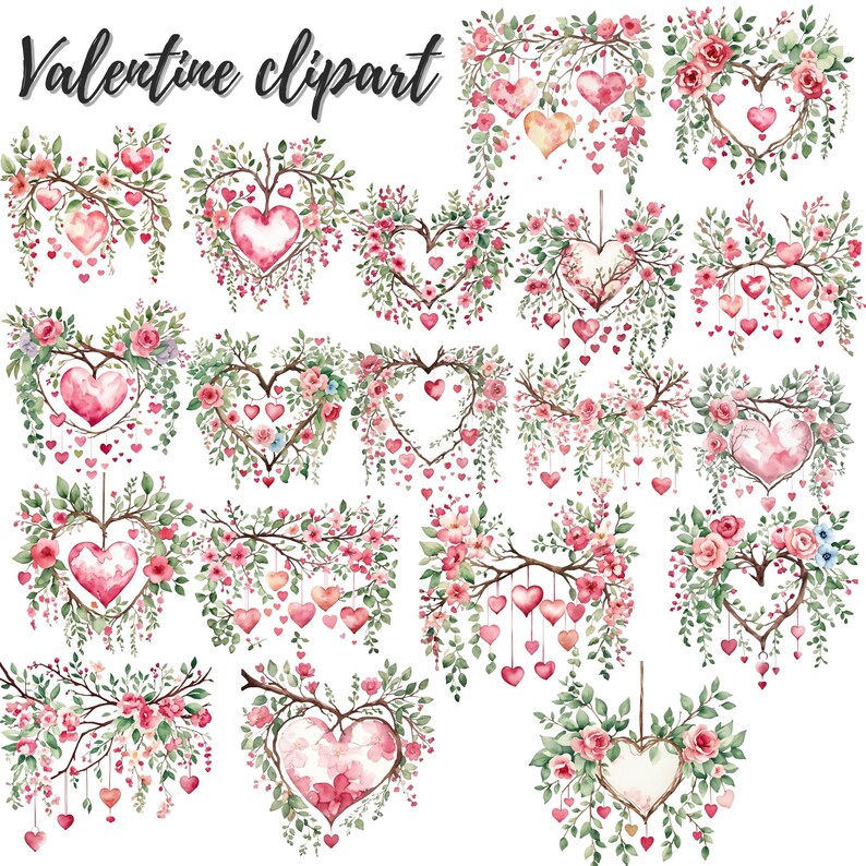 Valentine Watercolor Clipart - Heart Wreath Retro Wedding Floral ...