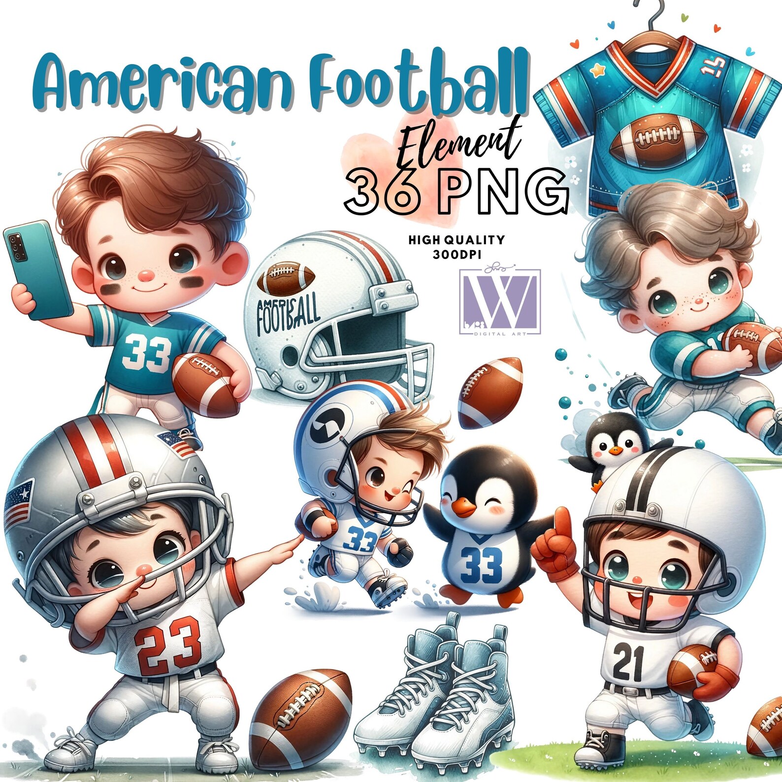 Cute American Football Watercolor Clipart Set, Cute Sports ...