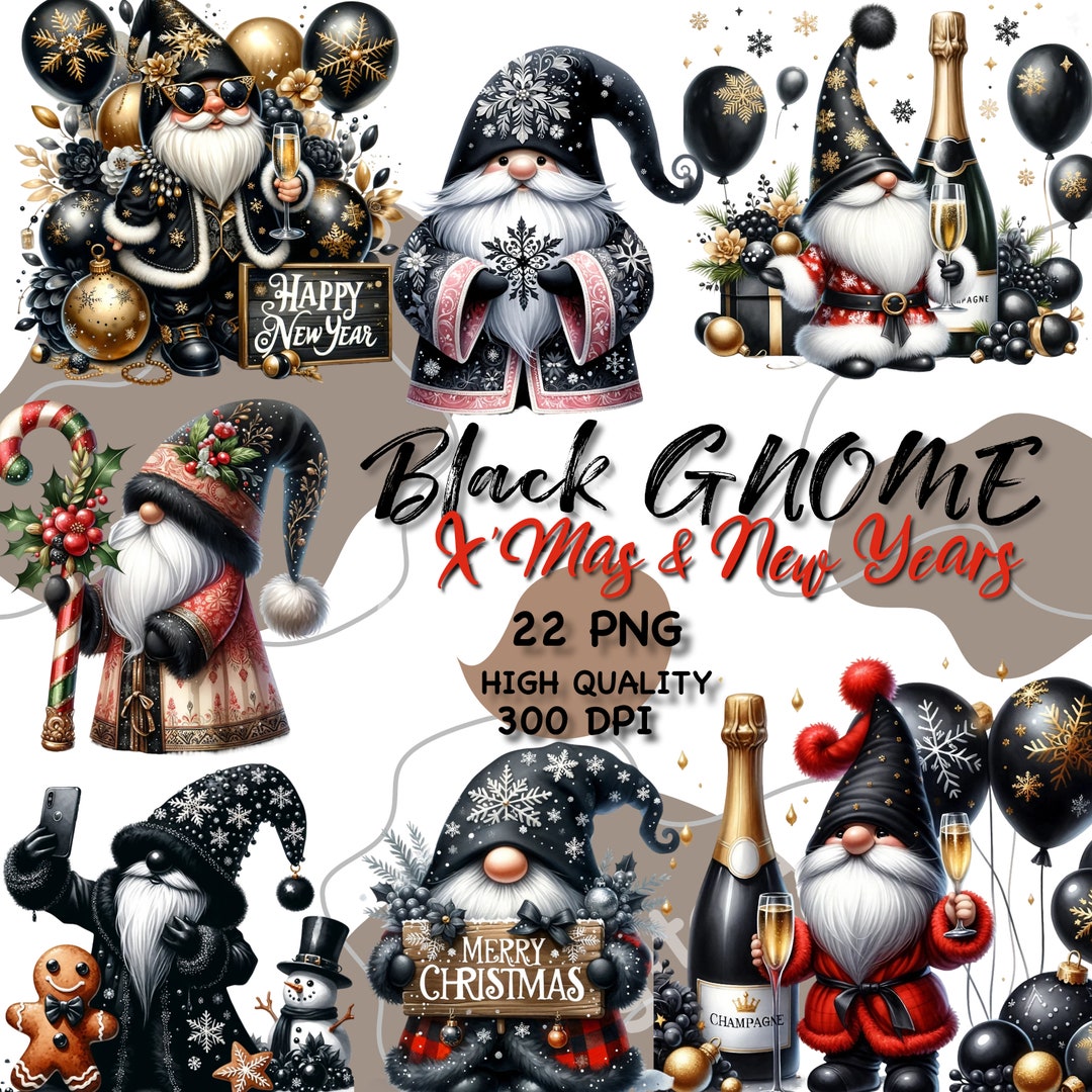 New Years Black Gnomes Watercolor Clipart, PNG Festive Gnomes Clipart ...