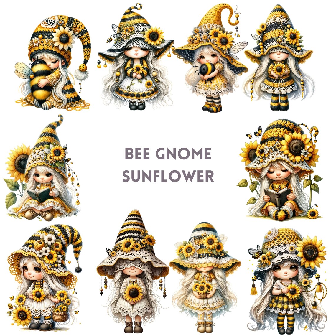 Bee Gnome Sunflower Clipart Bundle, Chibi Gnome Clipart, Spring Gnome ...
