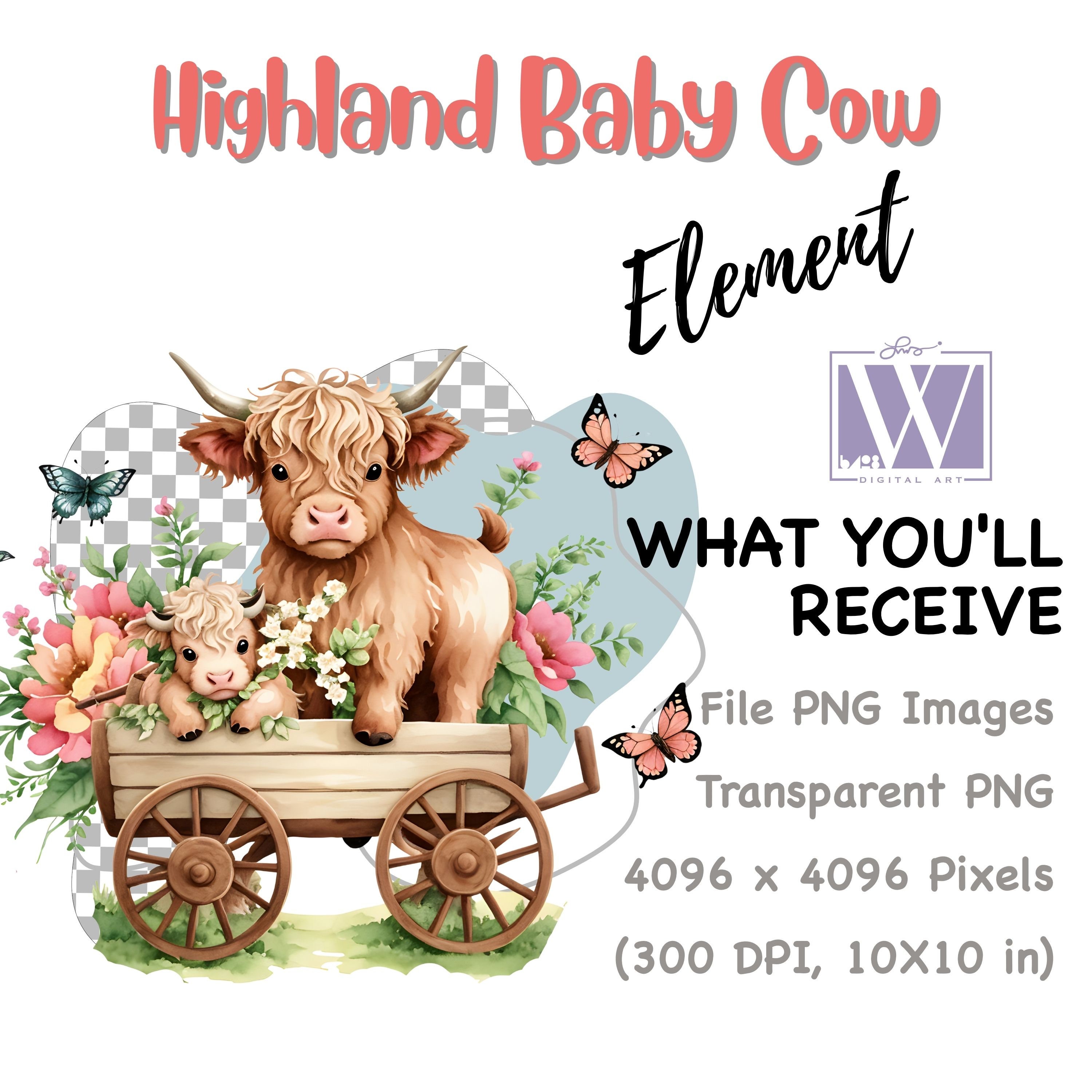Highland Baby Cow Watercolor Clipart, Cow PNG Bundle, Highland Cow ...