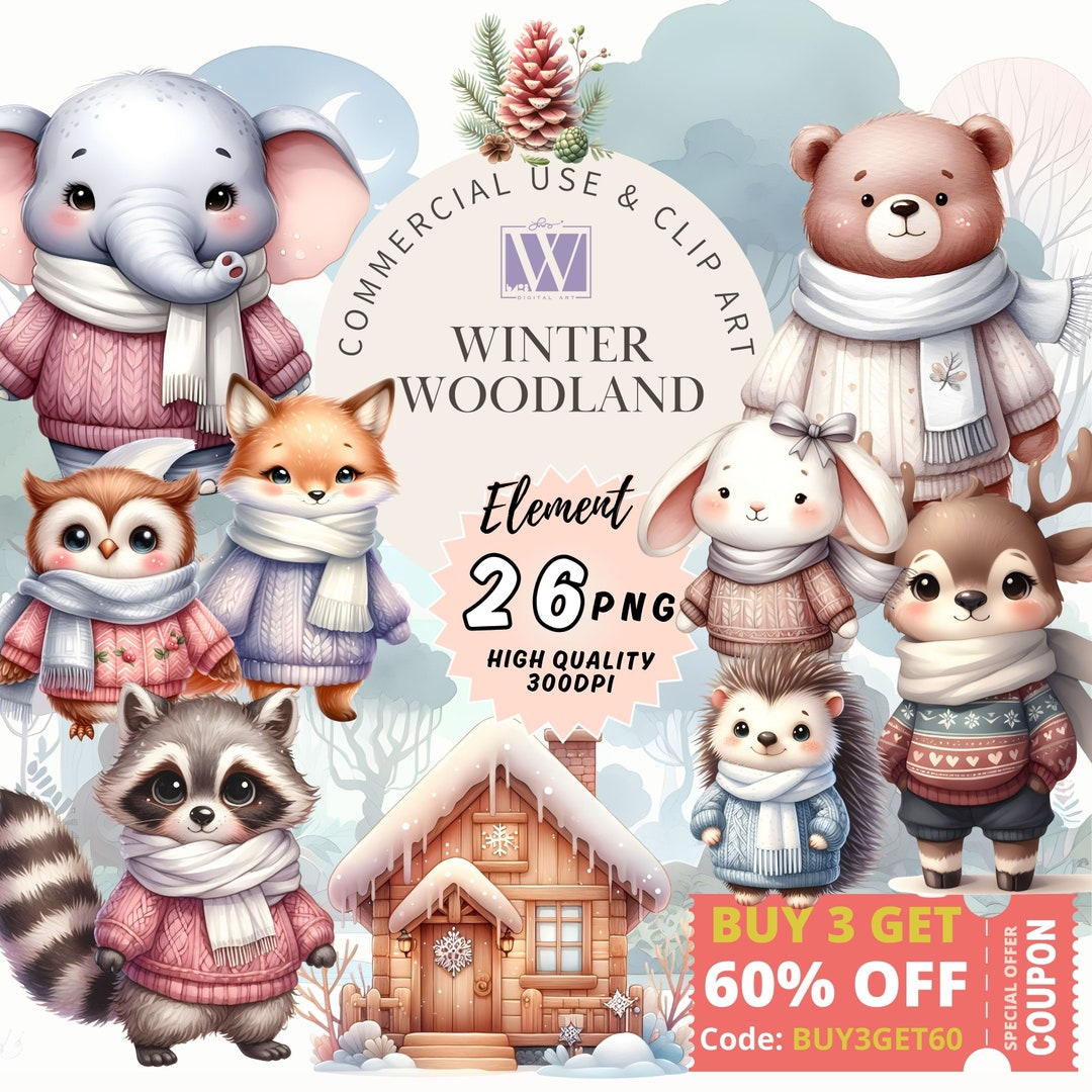 Cute Woodland Animal Clipart, Forest Animals, Winter Clipart, Digital ...