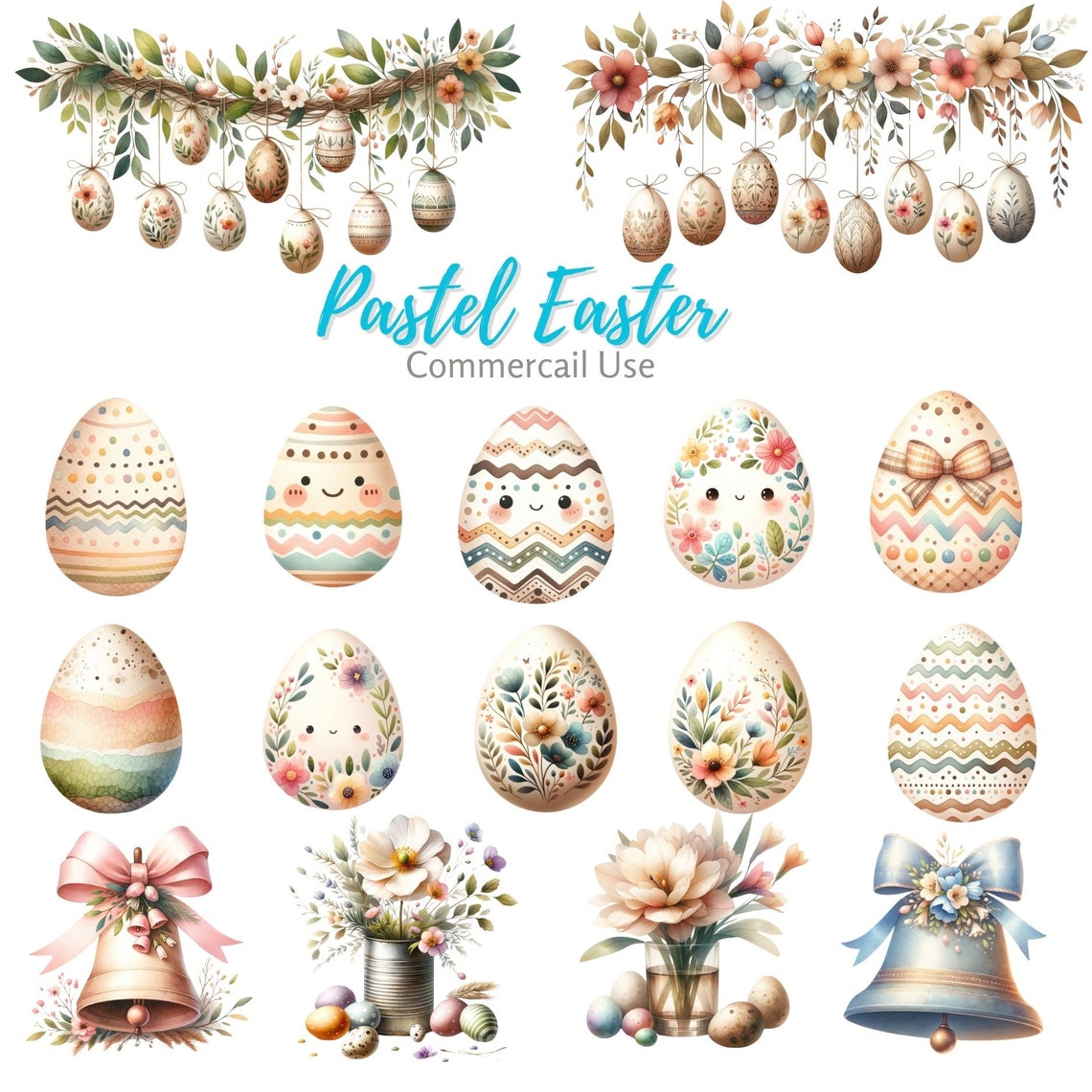 Pastel Easter Clipart, Digital Download, Easter Bunny Watercolor ...