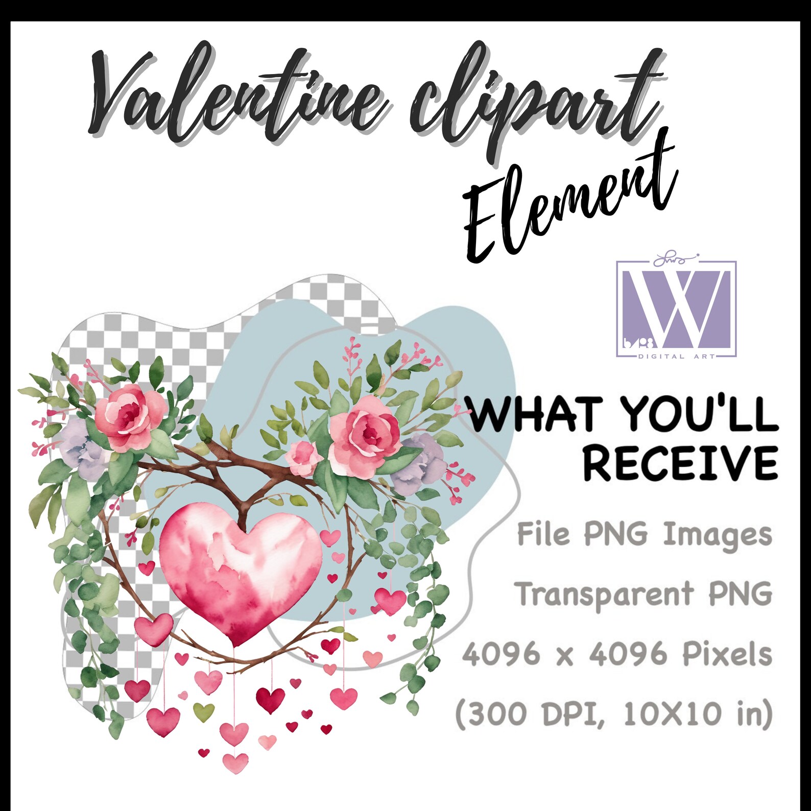 Valentine Watercolor Clipart: Heart Wreath, Floral Blooms (PNG, PDF) - Etsy