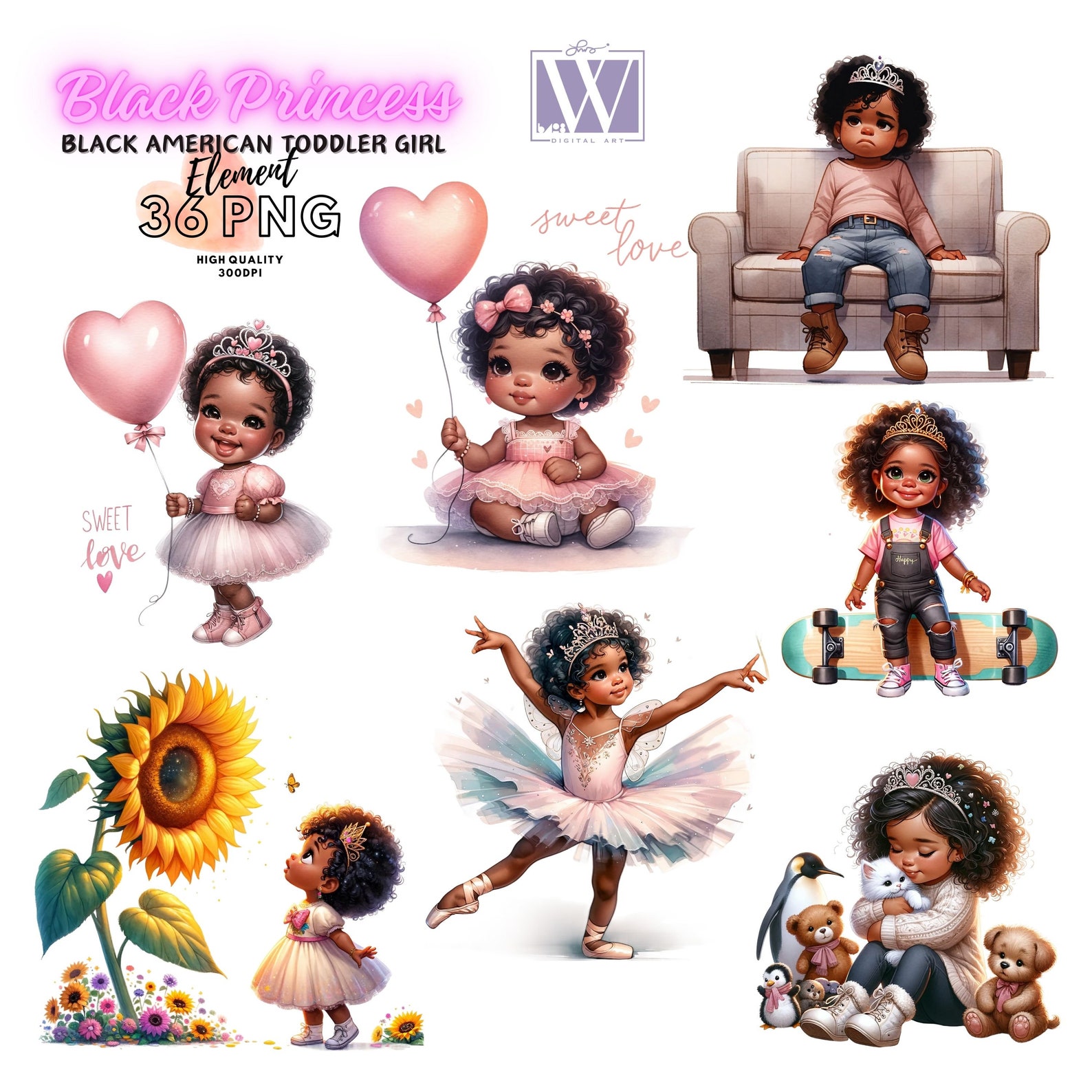 Black Princess Clipart: African American Girl, Watercolor PNG ...