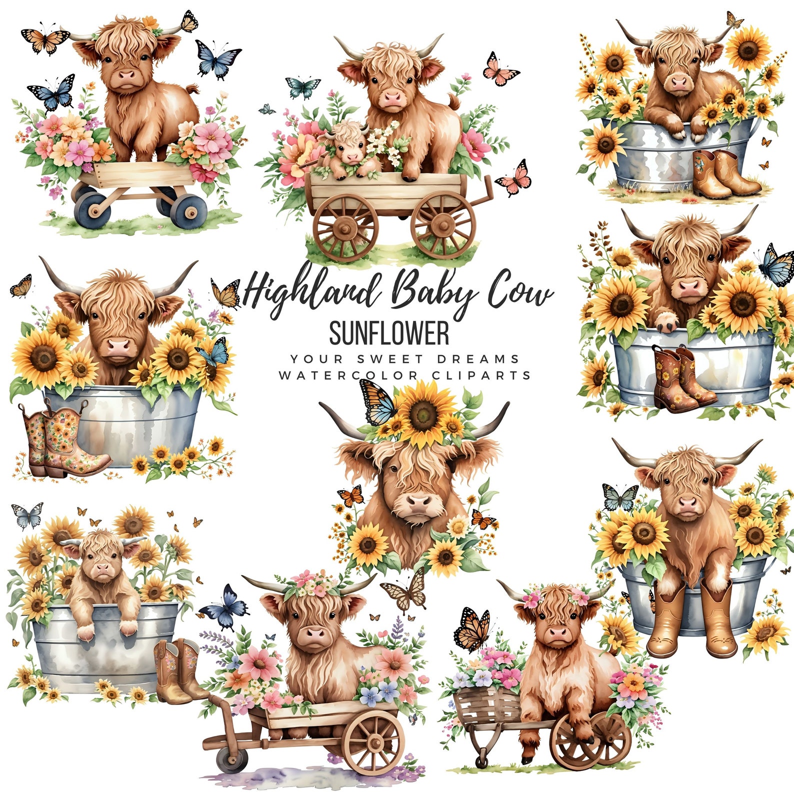 Highland Baby Cow Watercolor Clipart, Cow PNG Bundle, Highland Cow ...