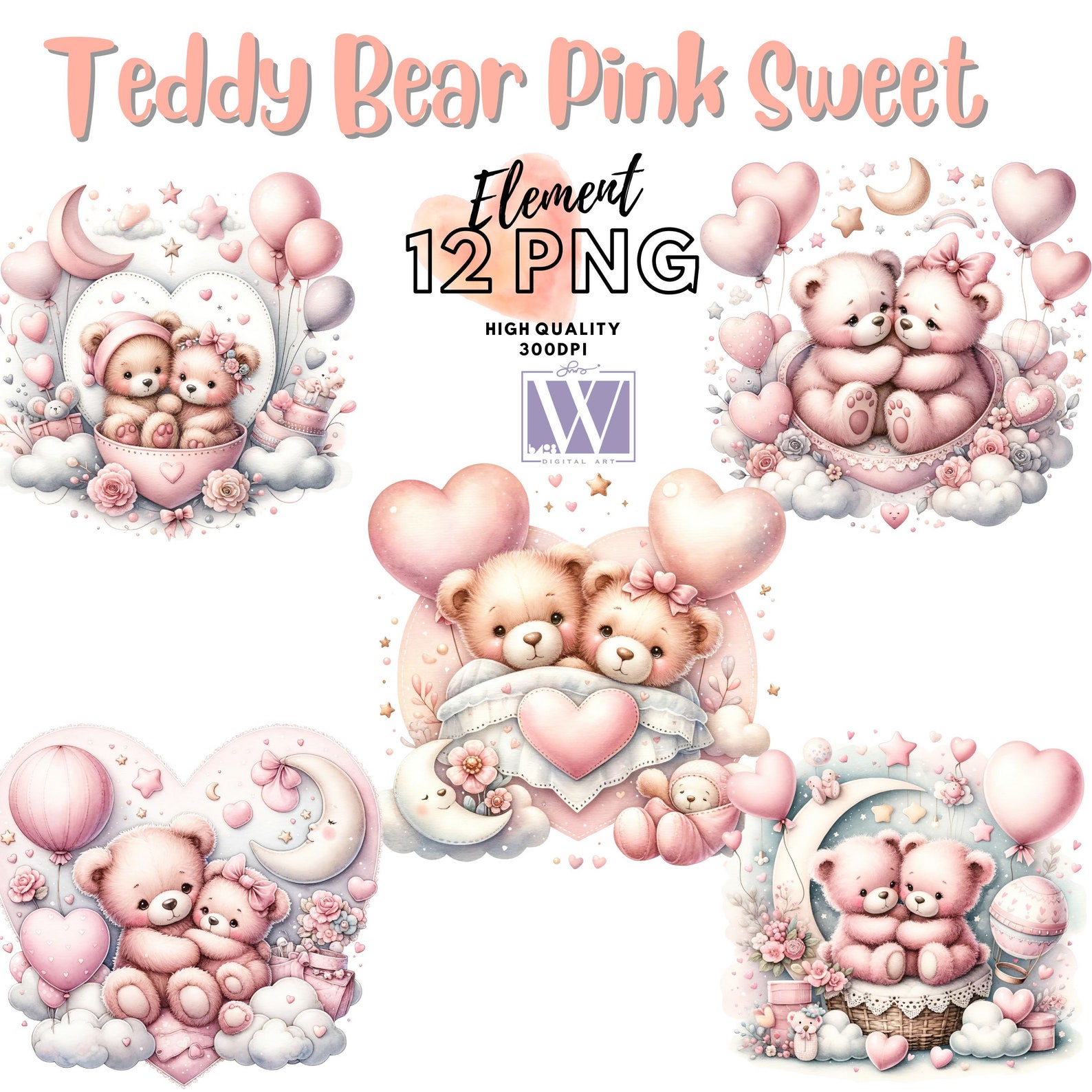 Cute Teddy Bear Pink Valentine Clip Art, Teddy Couple Digital Art ...