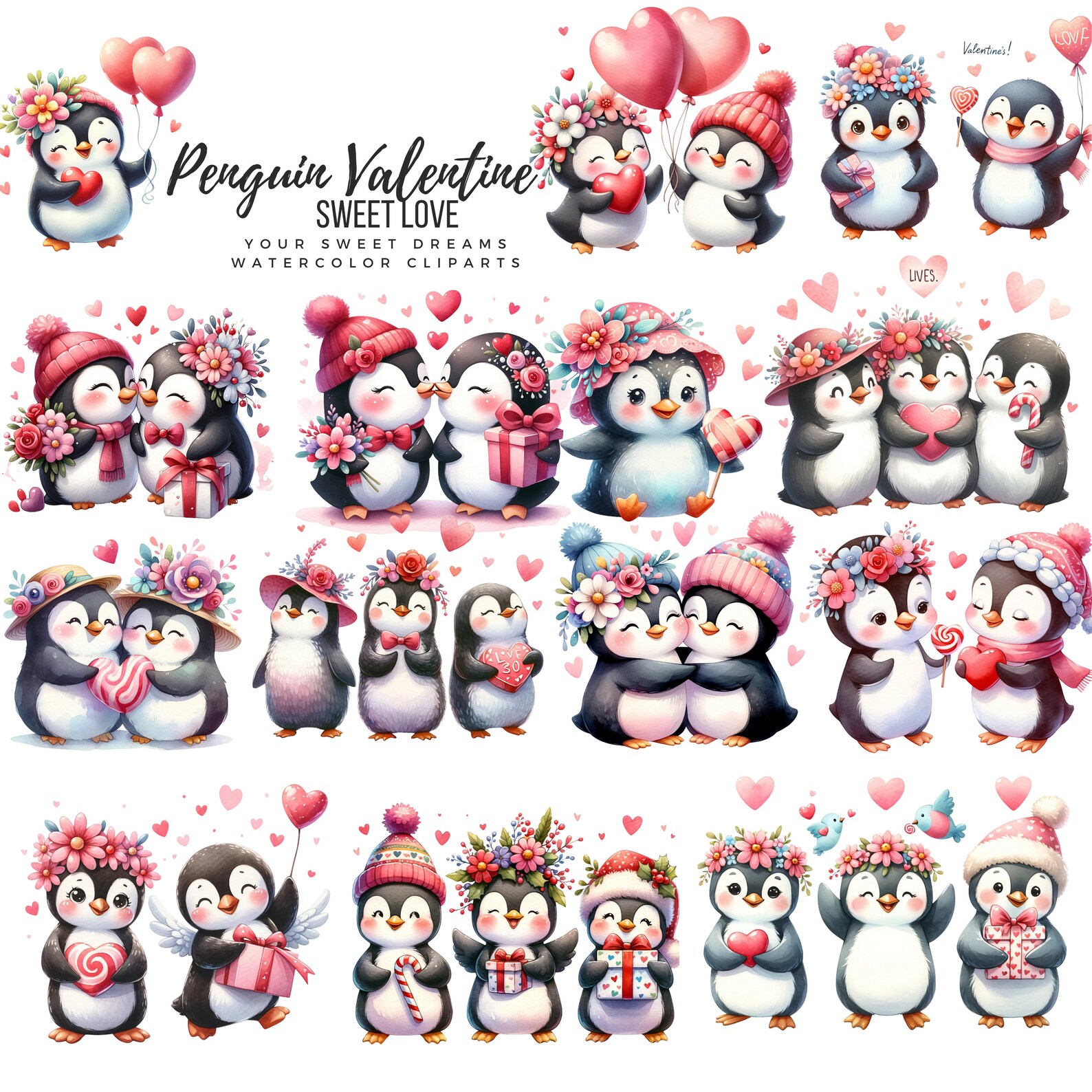 Cute Penguin Sweet Love, Penguins Watercolor Clipart, Romantic Animal ...