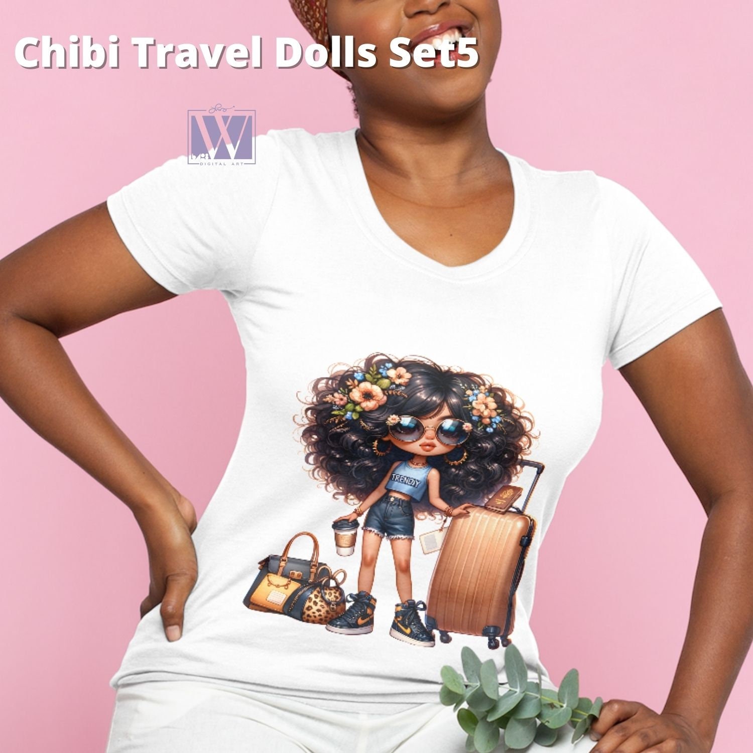 Boho Travel Girl Clipart: Chibi American Dolls, Transparent PNG ...