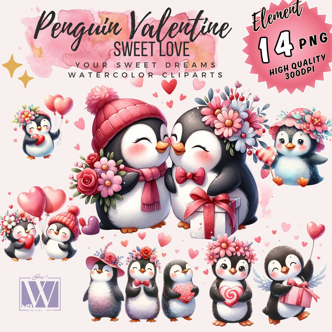 Cute Penguin Sweet Love, Penguins Watercolor Clipart, Romantic Animal ...