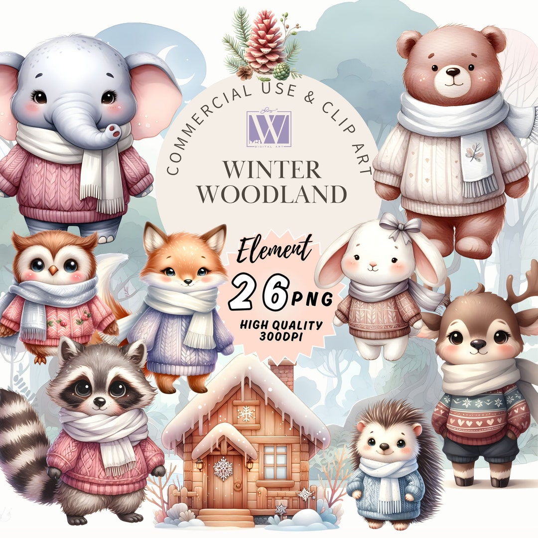 Cute Woodland Animal Clipart, Forest Animals, Winter Clipart, Digital ...