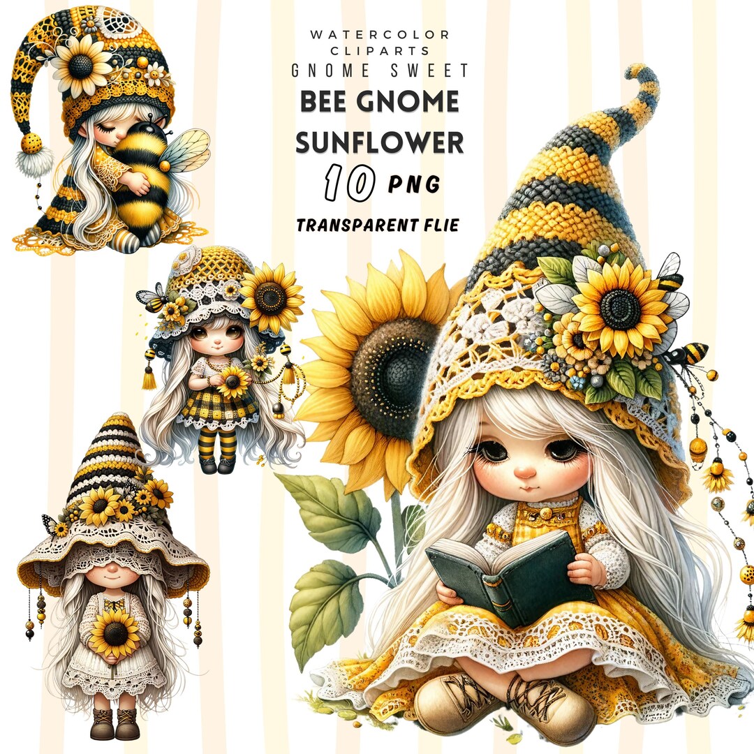 Bee Gnome Sunflower Clipart Bundle, Chibi Gnome Clipart, Spring Gnome ...