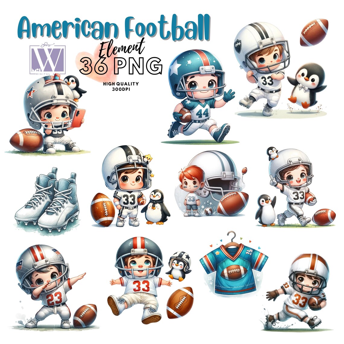 Cute American Football Watercolor Clipart Set, Cute Sports ...