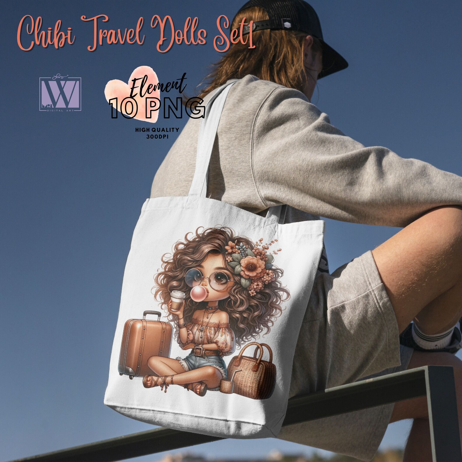 American Chibi Travel Dolls Art, Travel Girl Boho Digital Art, Bundle ...