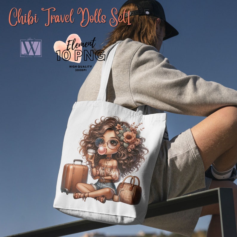 American Chibi Travel Dolls Art, Travel Girl Boho Digital Art, Bundle ...