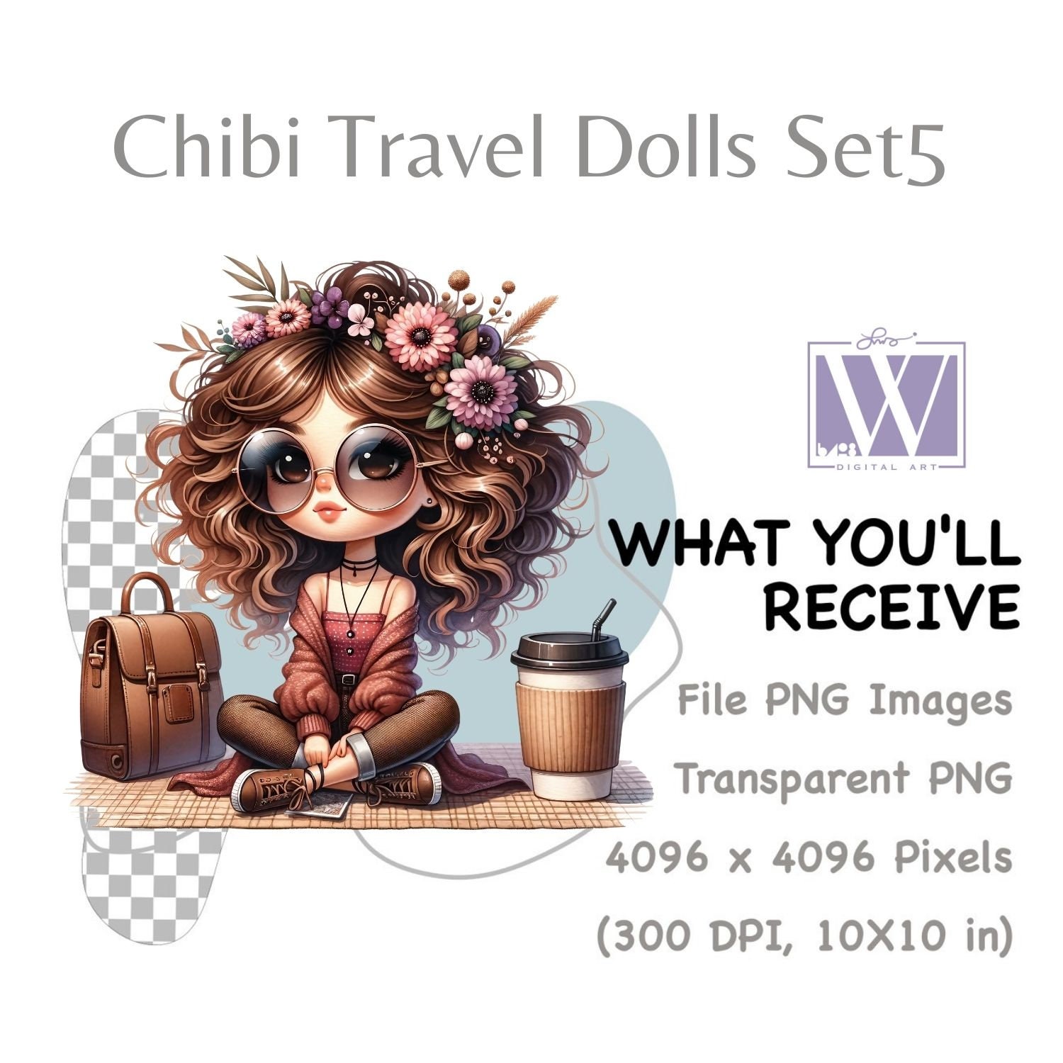 Boho Travel Girl Clipart: Chibi American Dolls, Transparent PNG ...