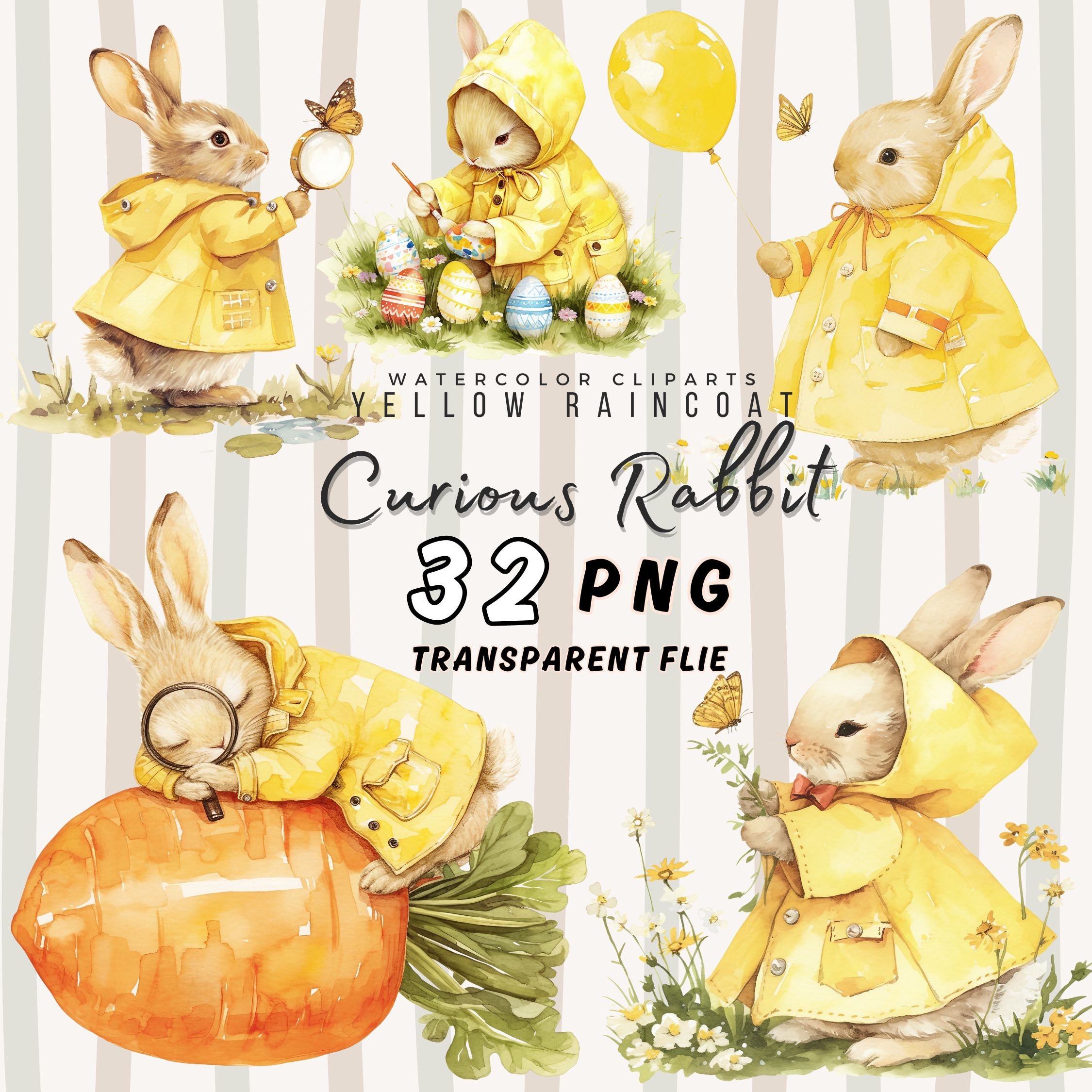 Curious Rabbit Clipart Bundle, Bunny Yellow Raincoat Clipart, Spring ...