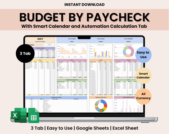 Paycheck Budget Planner Spreadsheet for Google Sheets, Monthly Budget ...