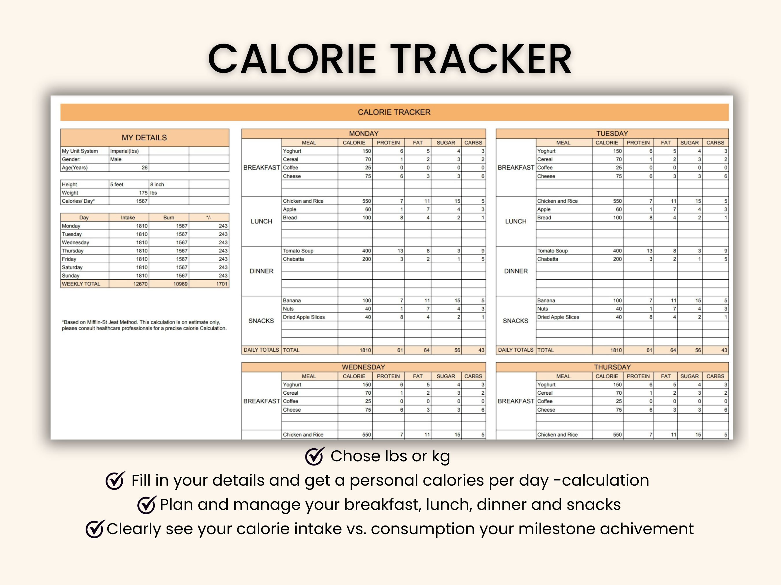 Weight Loss Tracker Google Sheets Template Calorie Tracker Meal Planner ...